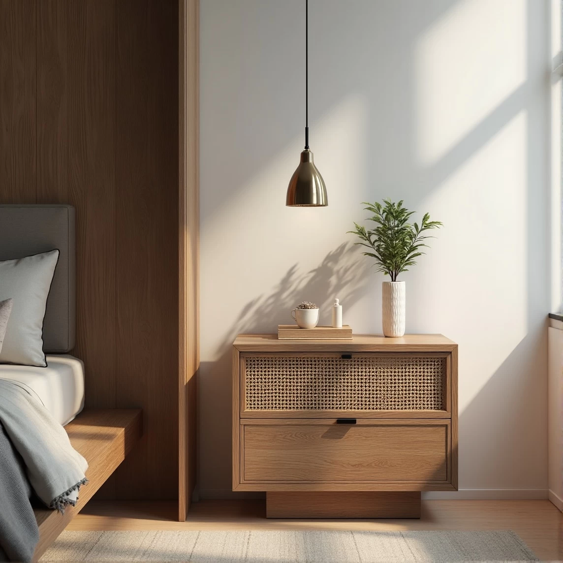 Japanese wabi-sabi style solid wood double drawer rattan bedside table ...